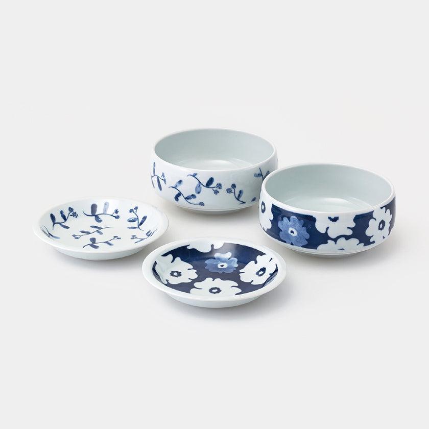 [DISH & BOWL SETS] INDIGO FLOWER (S) PAIR | HASAMI WARES| SAIKAI TOKI ...