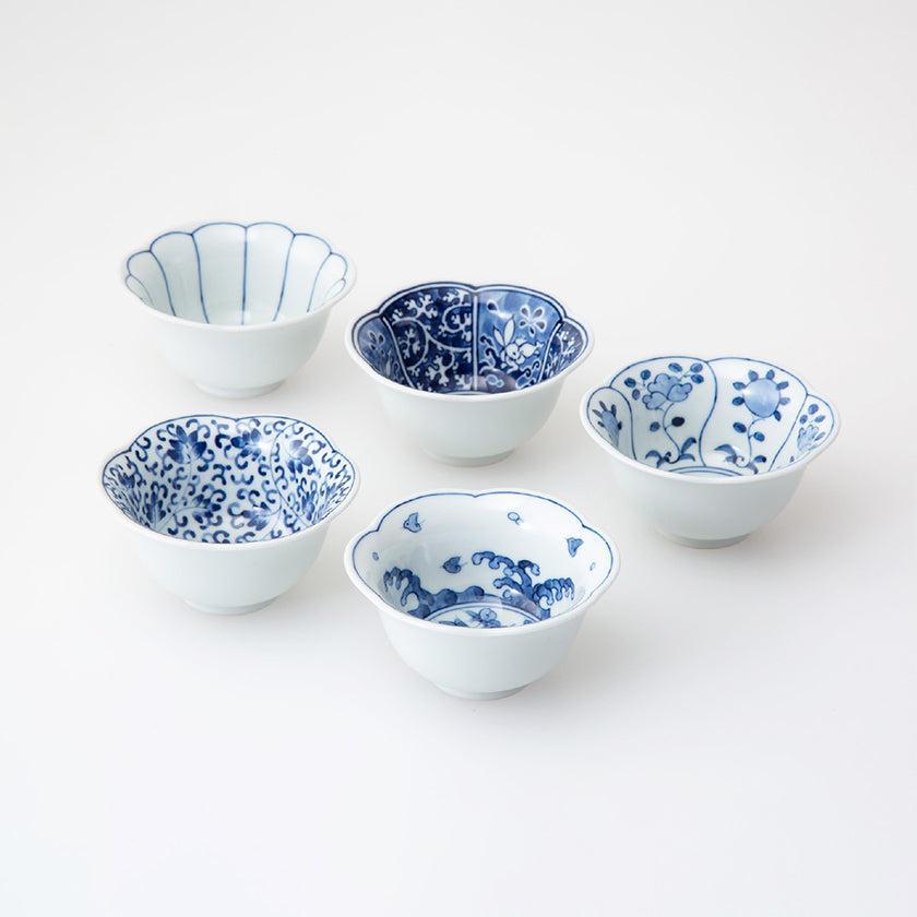 [BOWL] INDIGO PATTERN FLOWER SHAPE SET OF 5 | HASAMI WARES| SAIKAI TOKI ...