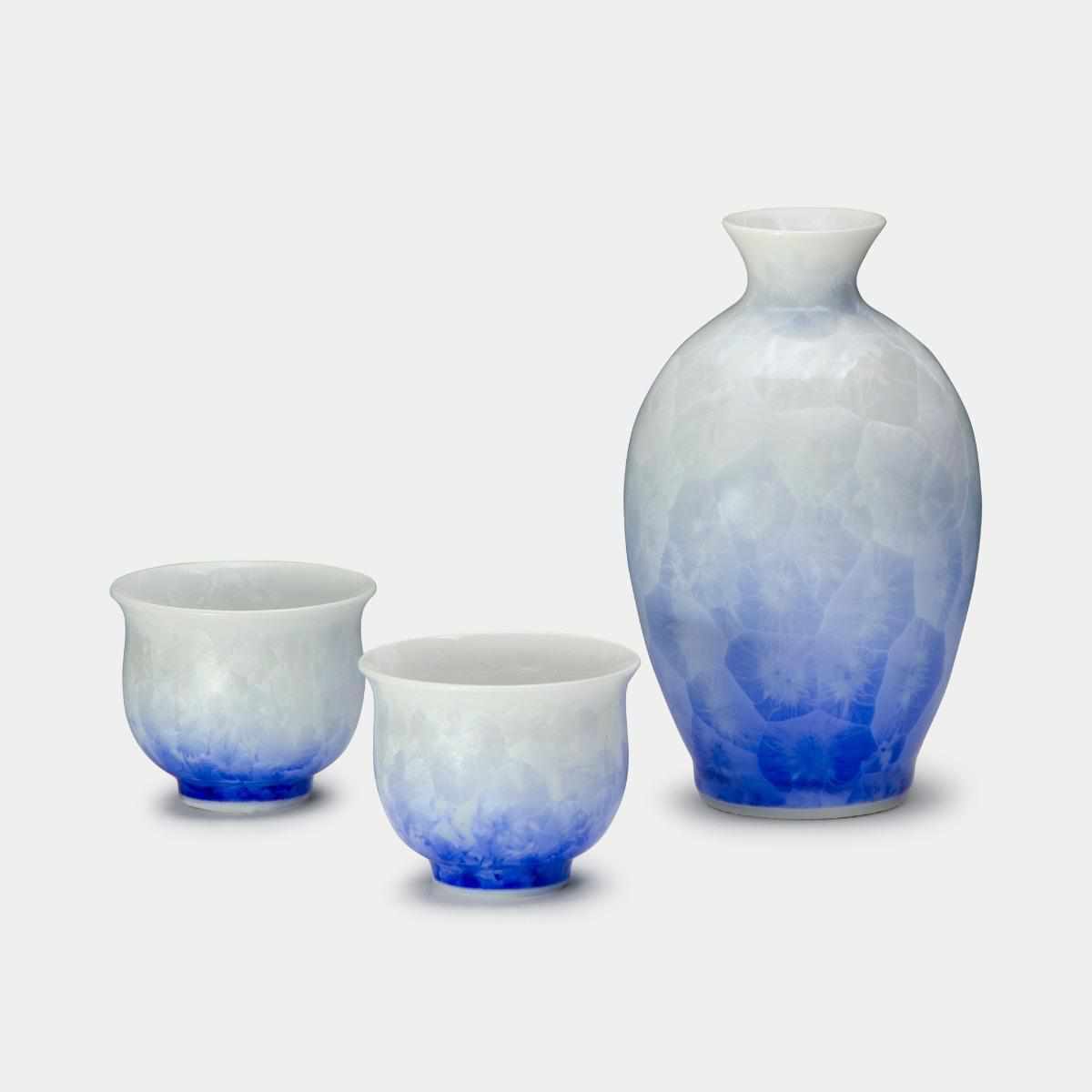 [SAKE BOTTLE] FLOWER CRYSTAL (BLUE ON WHITE) SAKE SET (3-PIECE SET ...